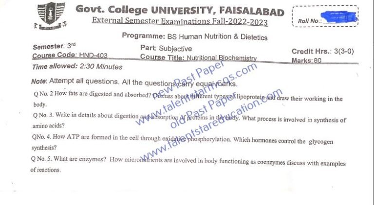 BS HND (Human Nutrition Dietetics) GCUF Past Paper For Affiliated ...
